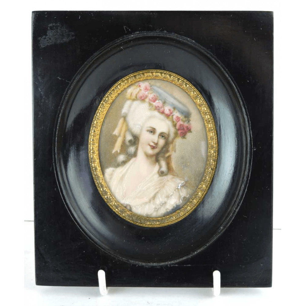 Miniature Portrait Painting of Lady with Hat on Ivory in Ebonized Frame.