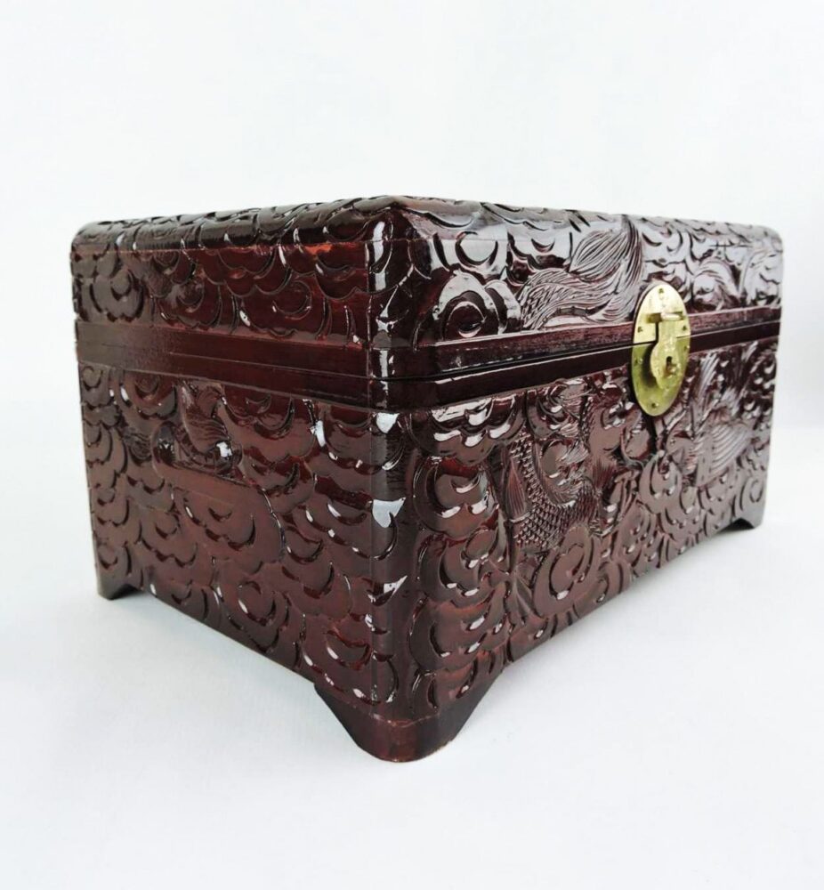 Chinese Hinged Box Carved with Dragons and Birds Lined with Red Velvet