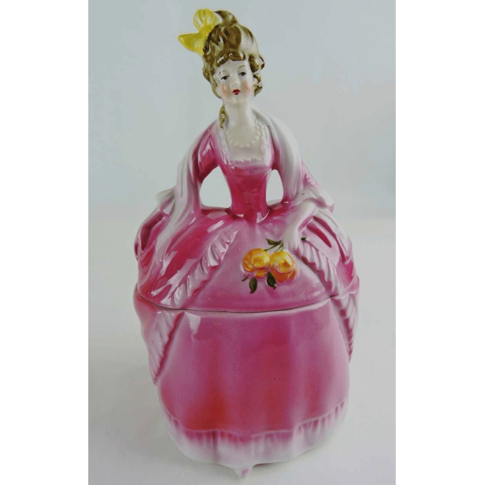 German Sitzendorf Figural Porcelain Powder Box – Madame in Pink and ...
