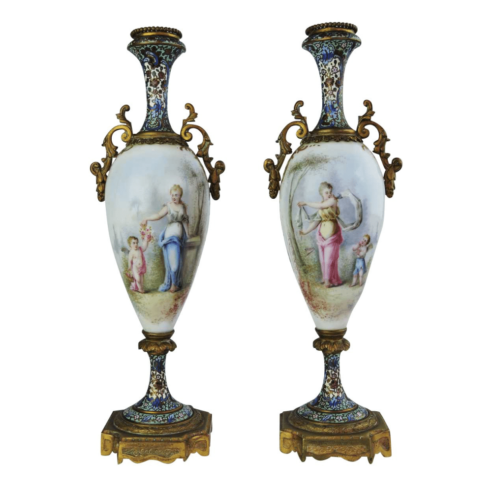 Pair of French Sevres Styled Porcelain Vases With Hand-Painted Figural ...