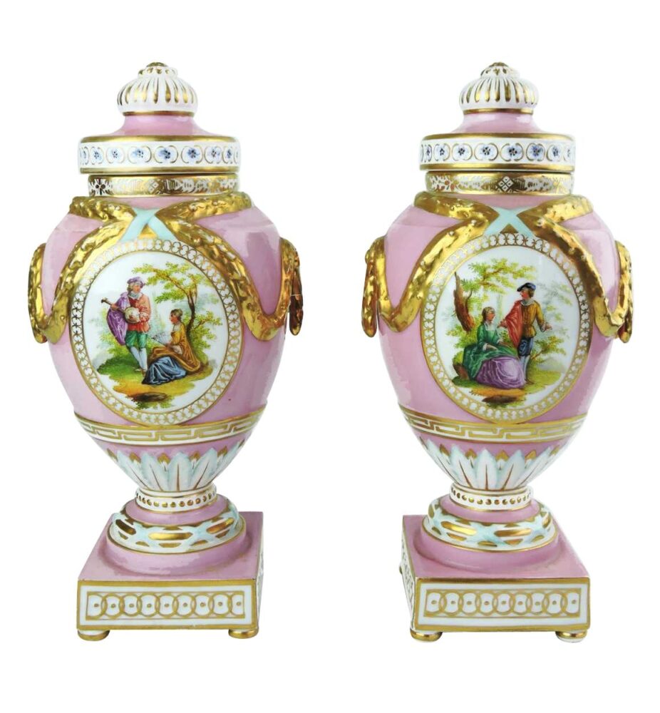 Pair of Early Berlin - K.P.M. Porcelain Lidded Vases in Pink with 4 ...