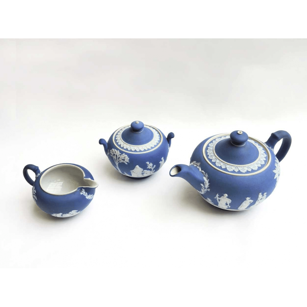 Wedgwood Blue Jasperware 3-Piece Tea Set. c. 1890.