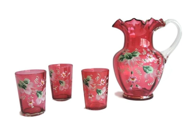 Victorian Cranberry Art Glass Set - Pitcher & Three Tumblers With Hand ...