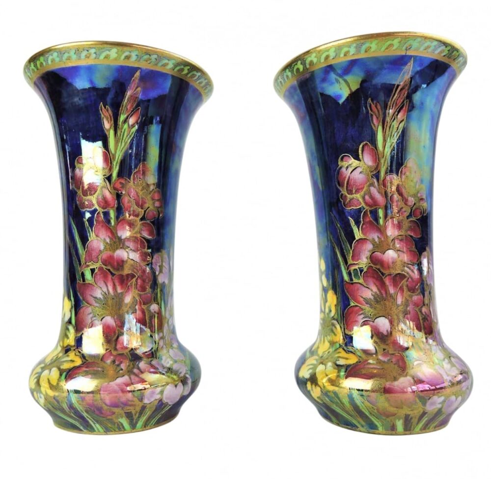Pair of English Maling Lustre Vases in 'Gladioli' Pattern. c.1930.