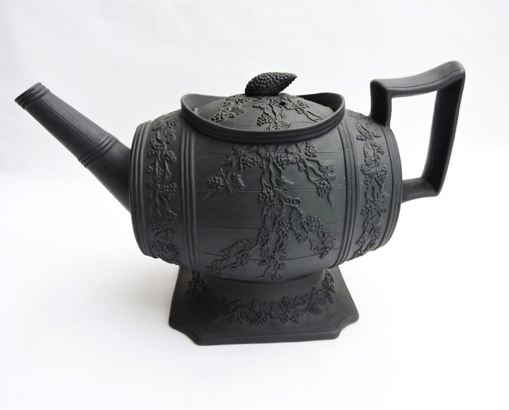 Georgian English Black Basalt Teapot, Barrel Shape with Grape Clusters ...