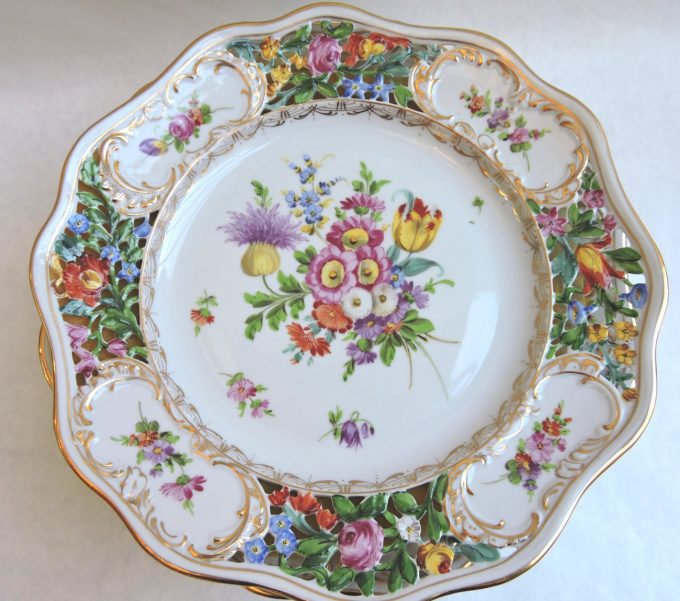 German Hand Painted Dresden Floral Dinner Plates with Pierced Border c ...