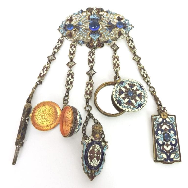 French Champleve Enamel Chatelaine / Brooch, c.1880 - Bernardis Antiques
