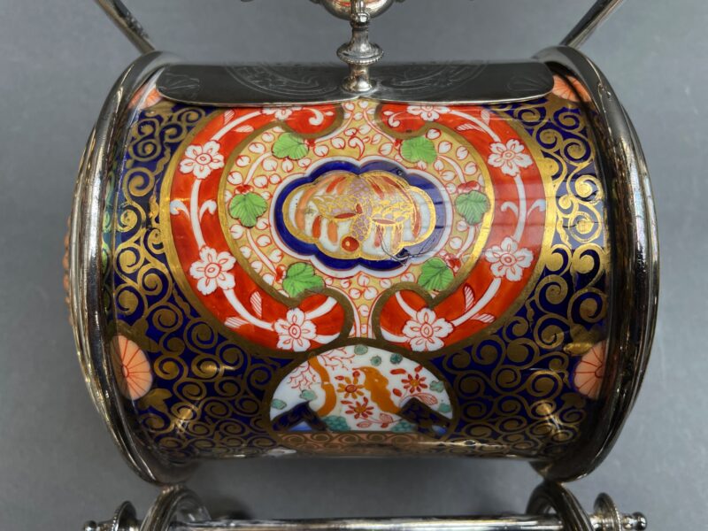 English Porcelain & Silver Plated Barrel Shaped Biscuit Barrel in Imari ...