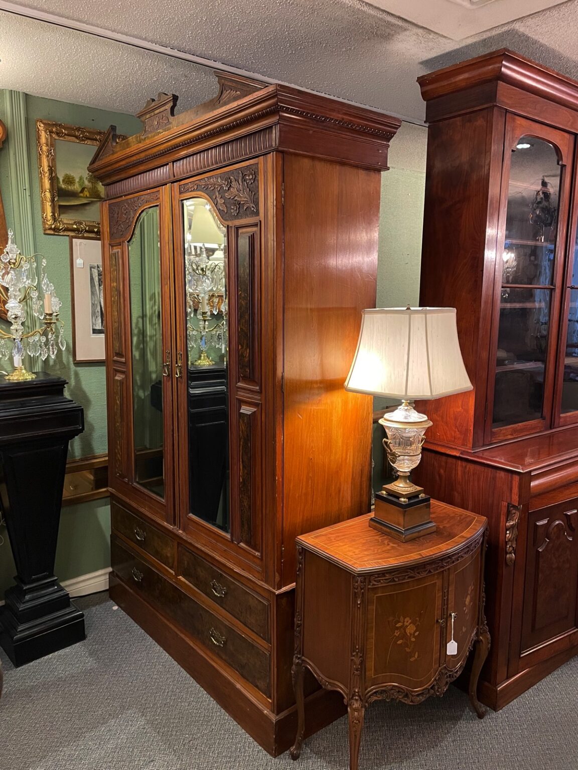 Irish - Art Nouveau Period - Walnut 2 Door Wardrobe with Hand Carved ...