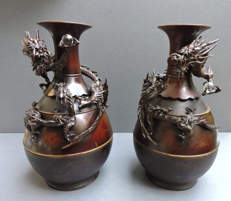 Pr. 19th Century Meiji Period Japanese Bronze Dragon Vases, Crystal ...
