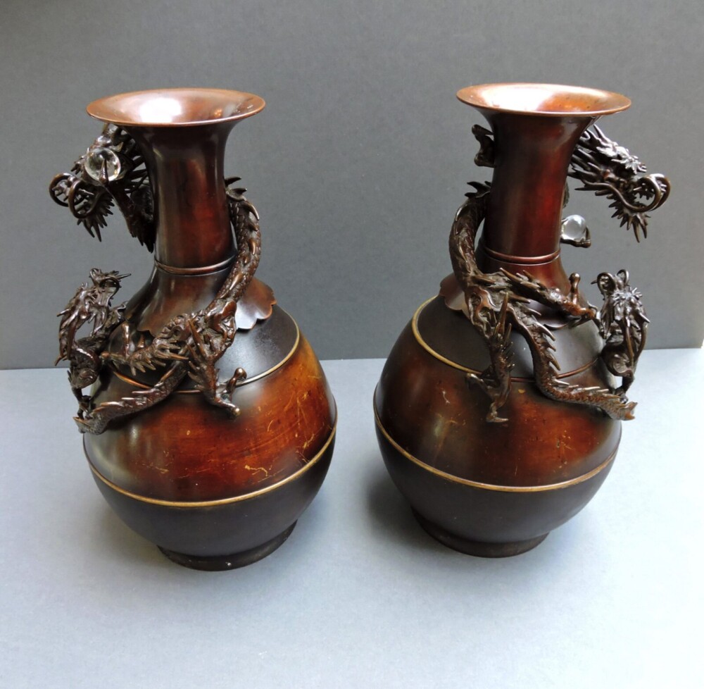 Pair 19th Century Meiji Period Japanese Bronze Dragon Vases, Crystal ...