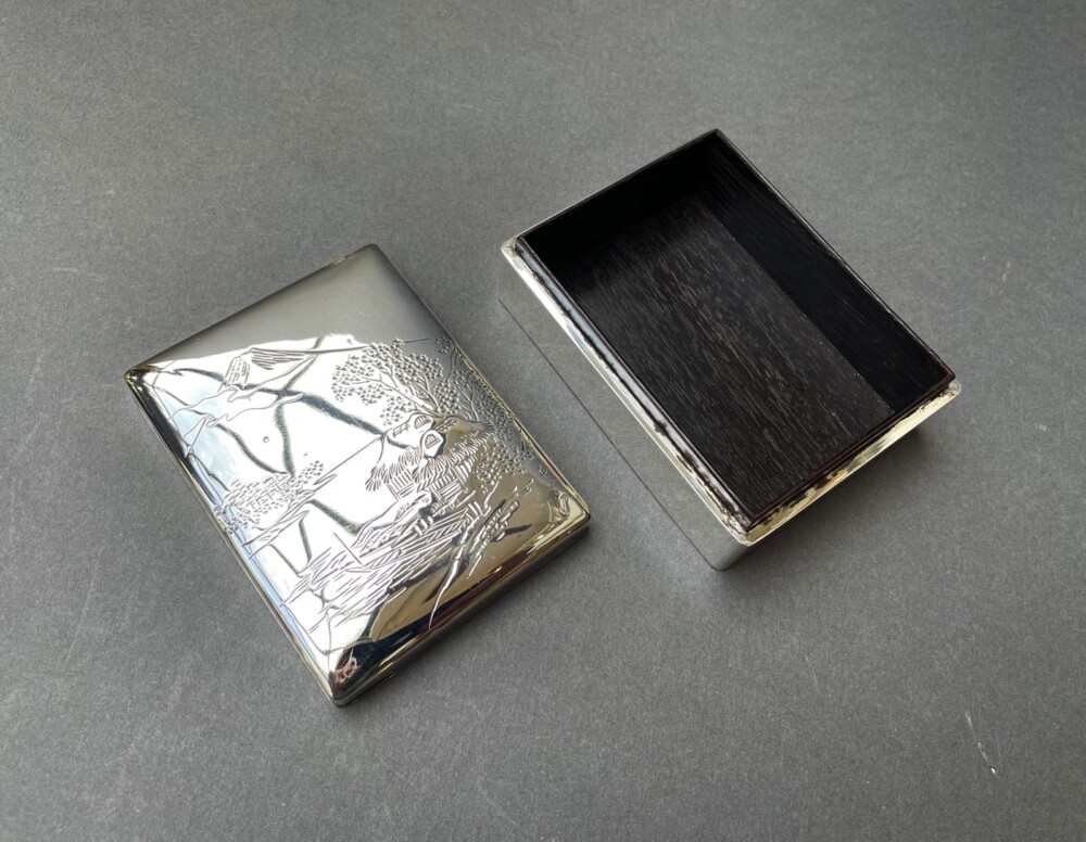 Japanese Sterling Box with Wood Lining - Mt Fuji engraved scene