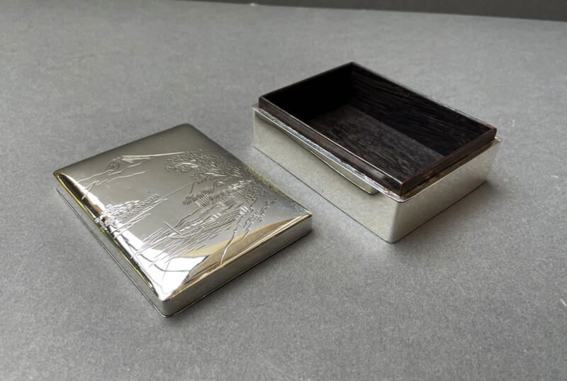 Japanese Sterling Box with Wood Lining - Mt Fuji engraved scene
