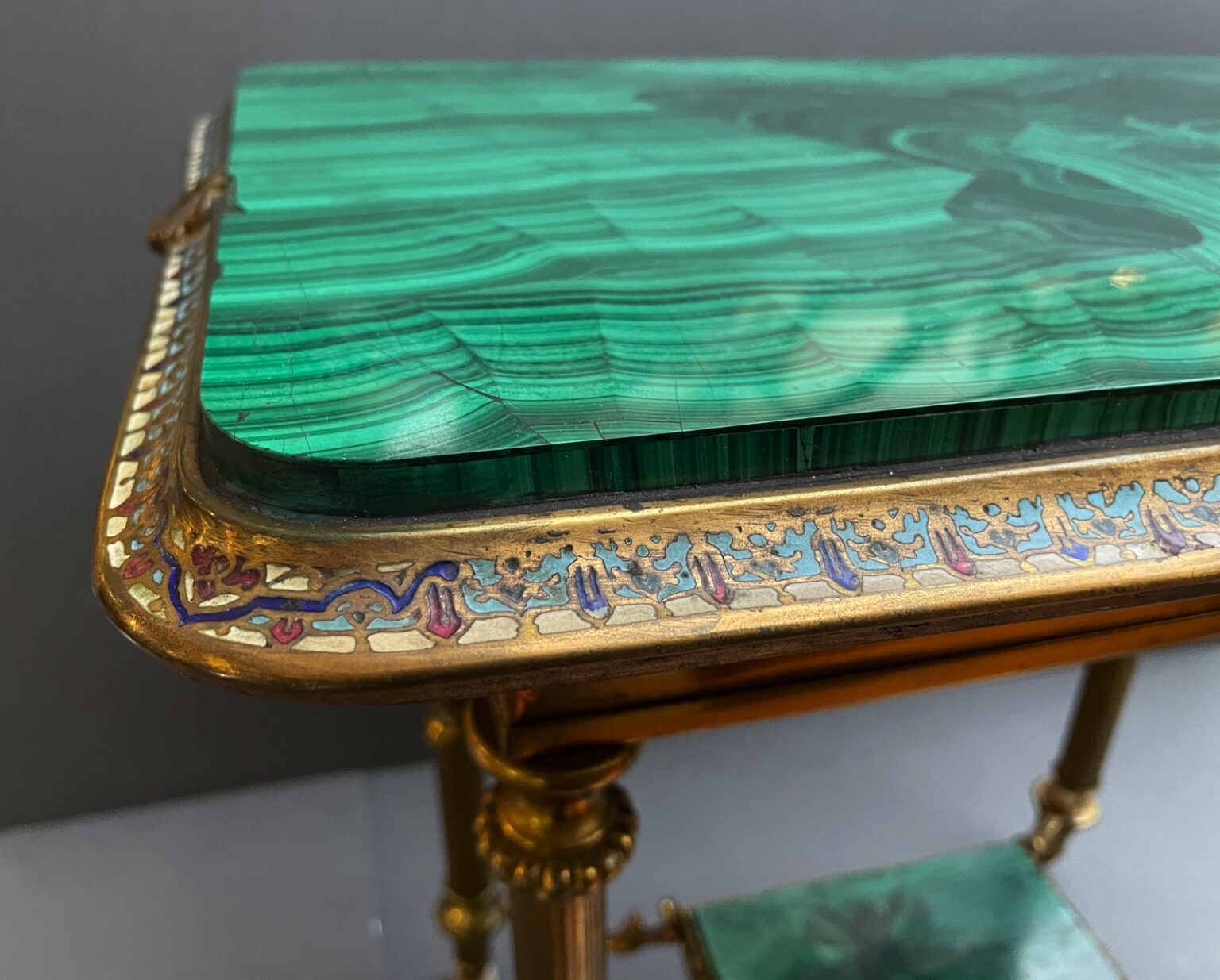 Rare 19th Century French Malachite, Bronze & Champlevé Enamelled Small ...
