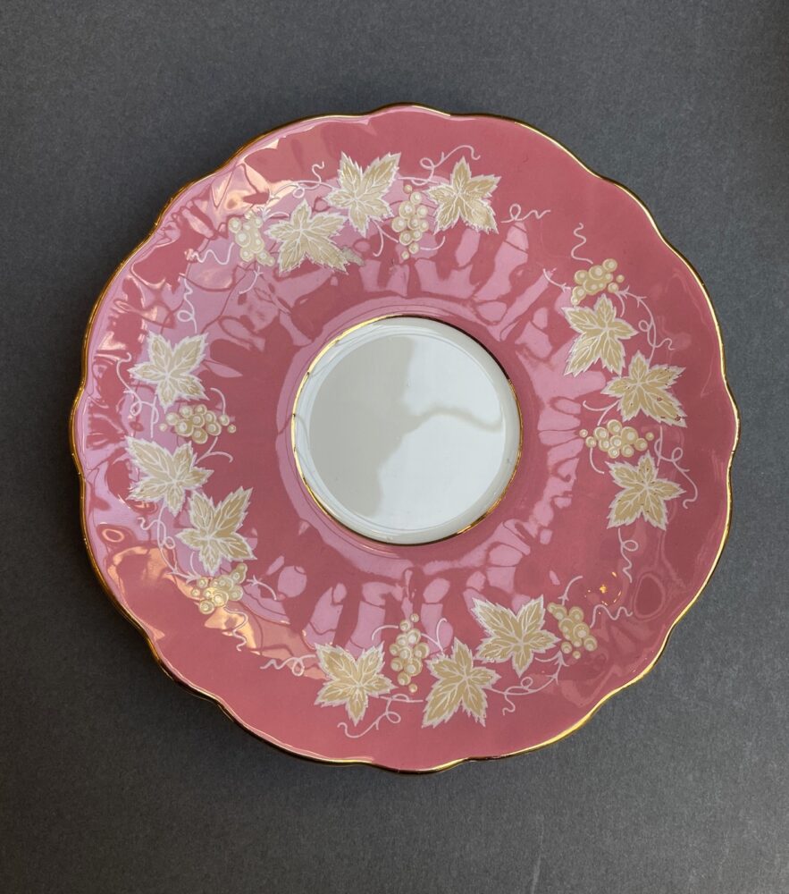 Pair of Pink Aynsley Cups & Saucers with Leaf Pattern