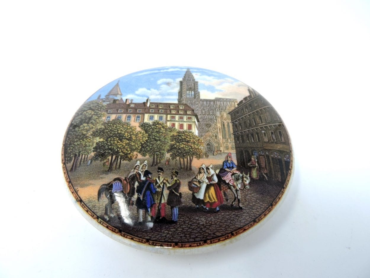 Unframed Pratt Ware Pottery Pot Lid - " French Street Scene"