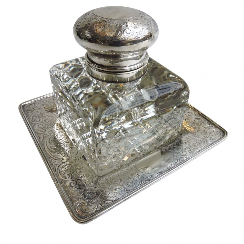Sterling Silver & Heavy Crystal Inkwell with Under Tray - American ...